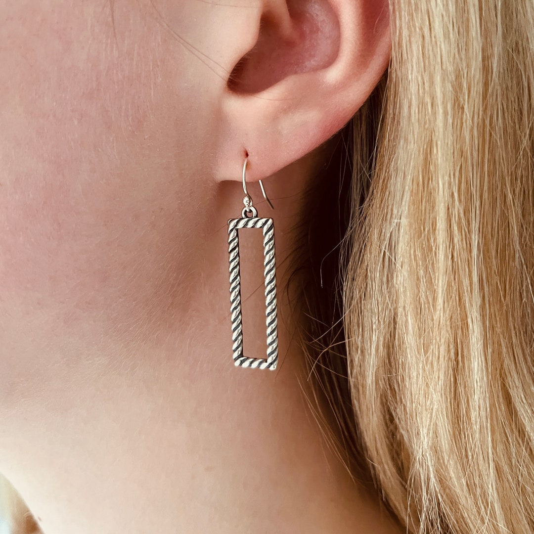 Long Sterling Silver Rectangle Earrings, Geometric Statement Earrings, Modern Minimal Jewelry ...