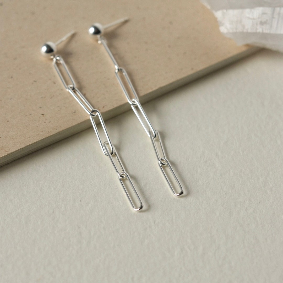 Sterling Silver Paper Clip Earrings Long Chain Dangle - Etsy