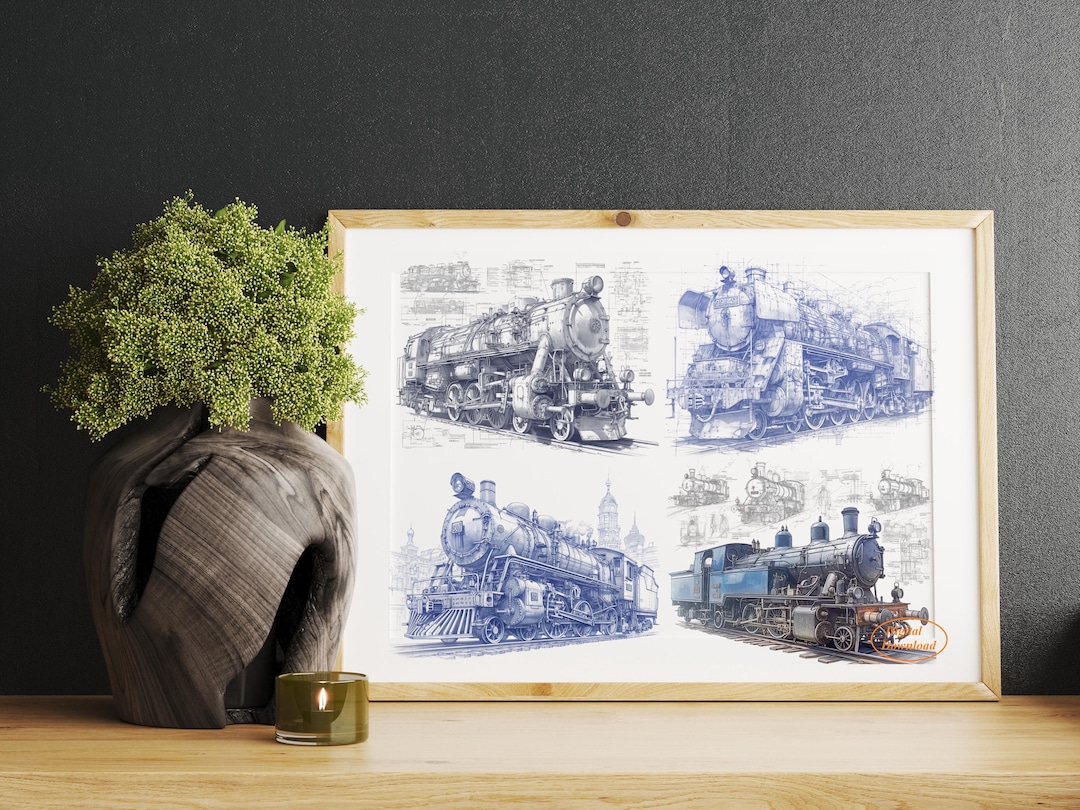 A Set of Four Old-fashioned Steam Locomotive Blueprint Style Prints - Etsy