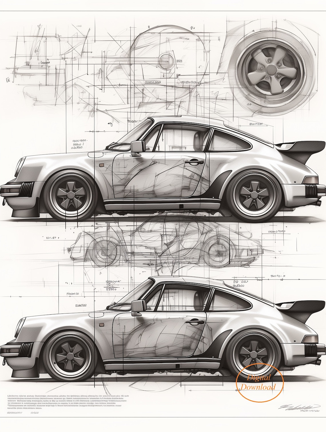 A Set of Four 1974 Porsche_911 Blueprint Style Prints - Etsy