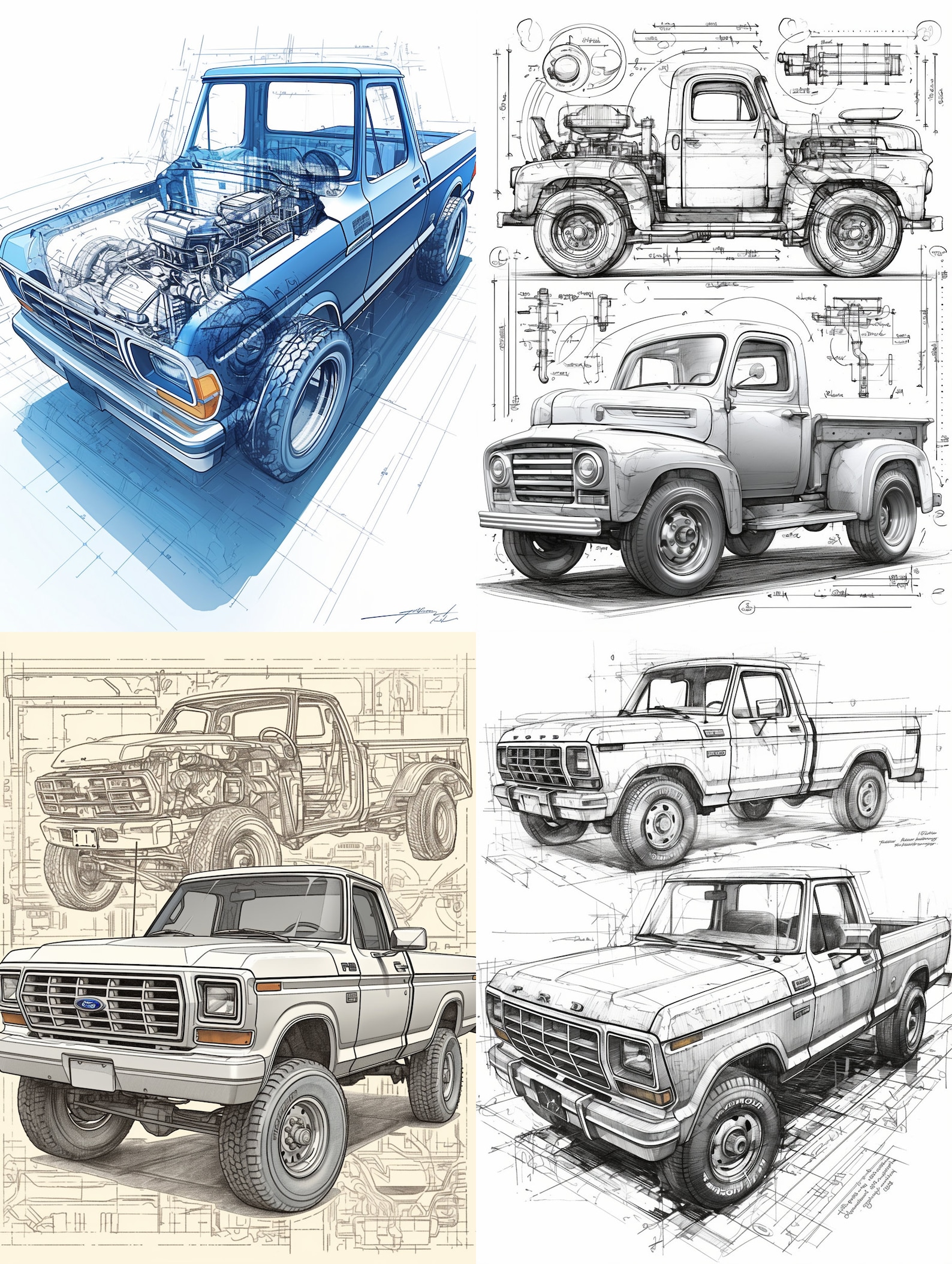 A Set of Four Old Style Ford F-150 Blueprint Style Prints - Etsy