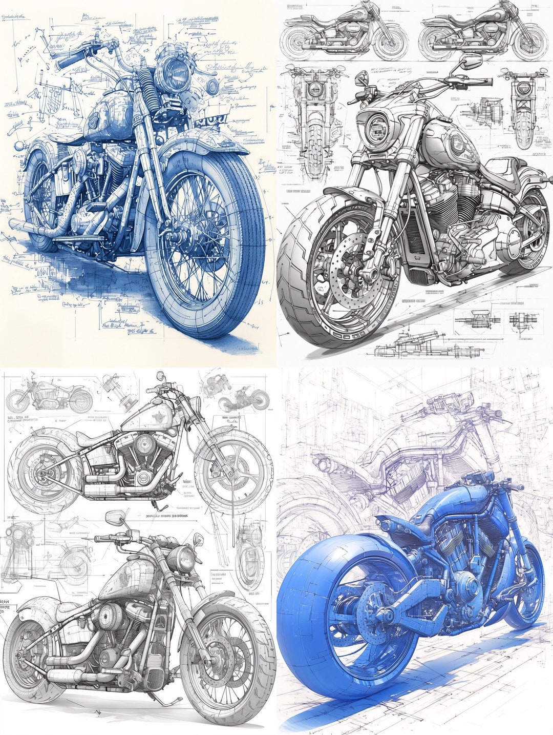 A Set of Four HARLEY DAVIDSON Motorcycle Blueprint Style Prints - Etsy