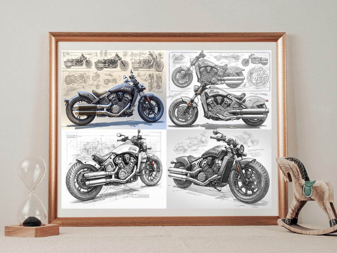 Retro Indian Scout Motorcycle Blueprint Decor - Collection of Four ...