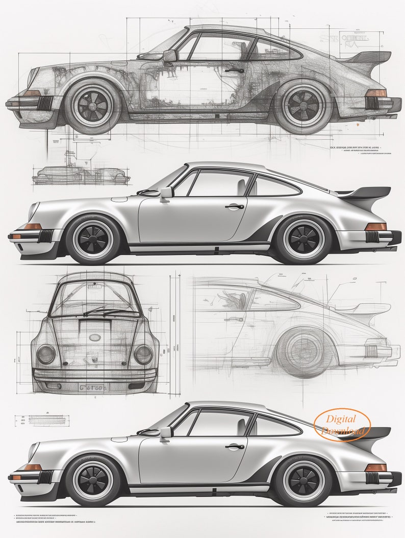 A Set of Four 1974 Porsche_911 Blueprint Style Prints - Etsy