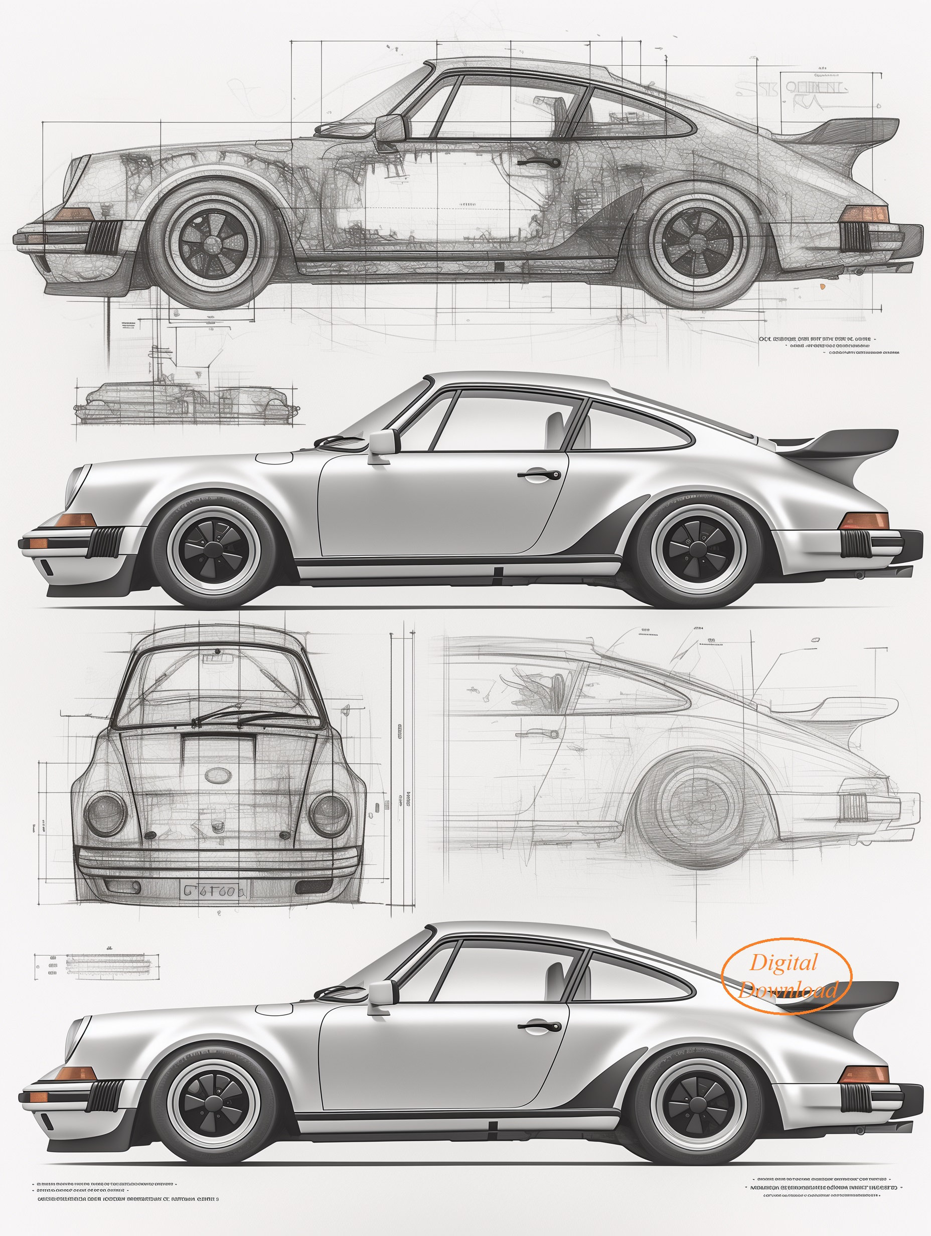 A Set of Four 1974 Porsche_911 Blueprint Style Prints - Etsy