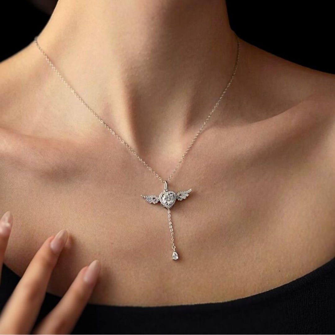 Moissanite Heart Movable Angel Wings Pendant in 925 Sterling Silver ...