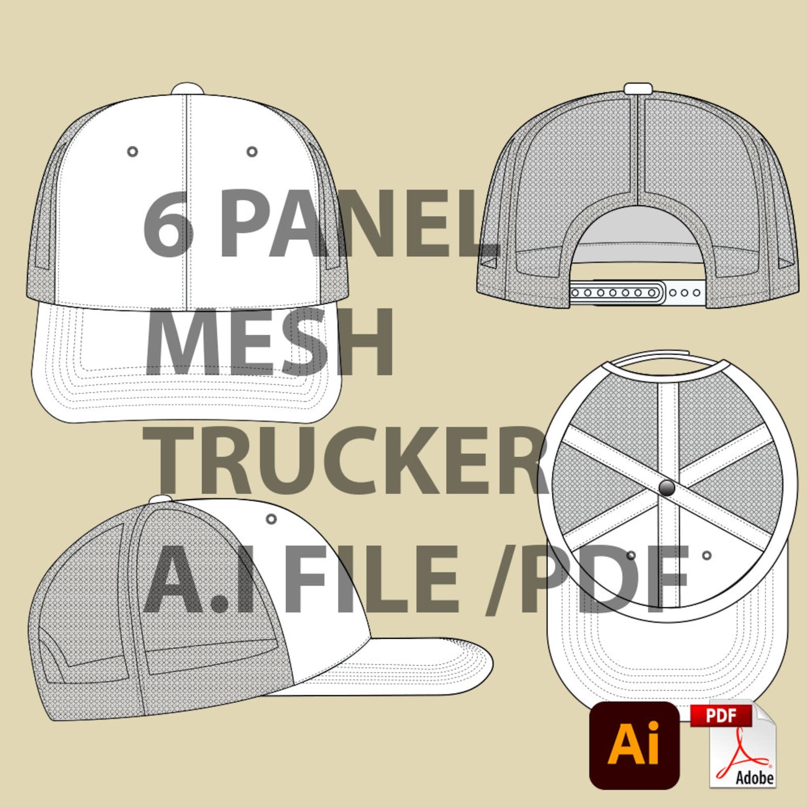 6 Panel Mesh Trucker Hat Cap Template Vector Blank Mockup Digital ...