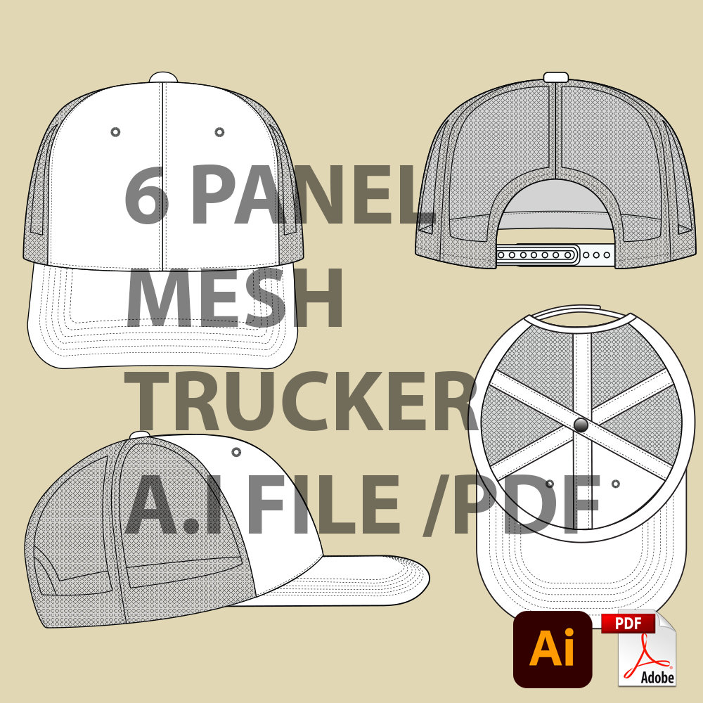 6 Panel Mesh Trucker Hat Cap Template Vector Blank Mockup Digital ...