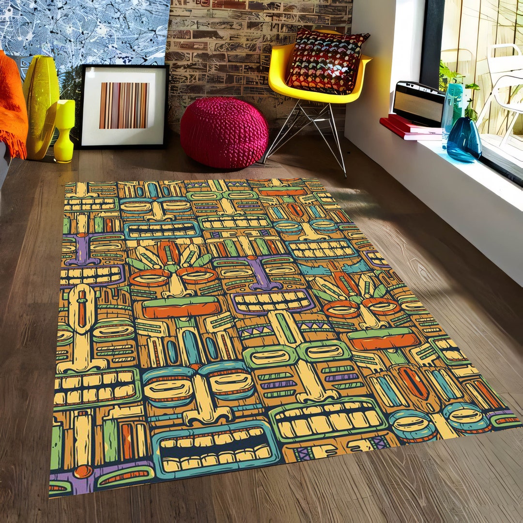 Tiki Masks Rug, Wooden Masks Hawaii Rug, Antique Themed Rug, Tiki Totem ...