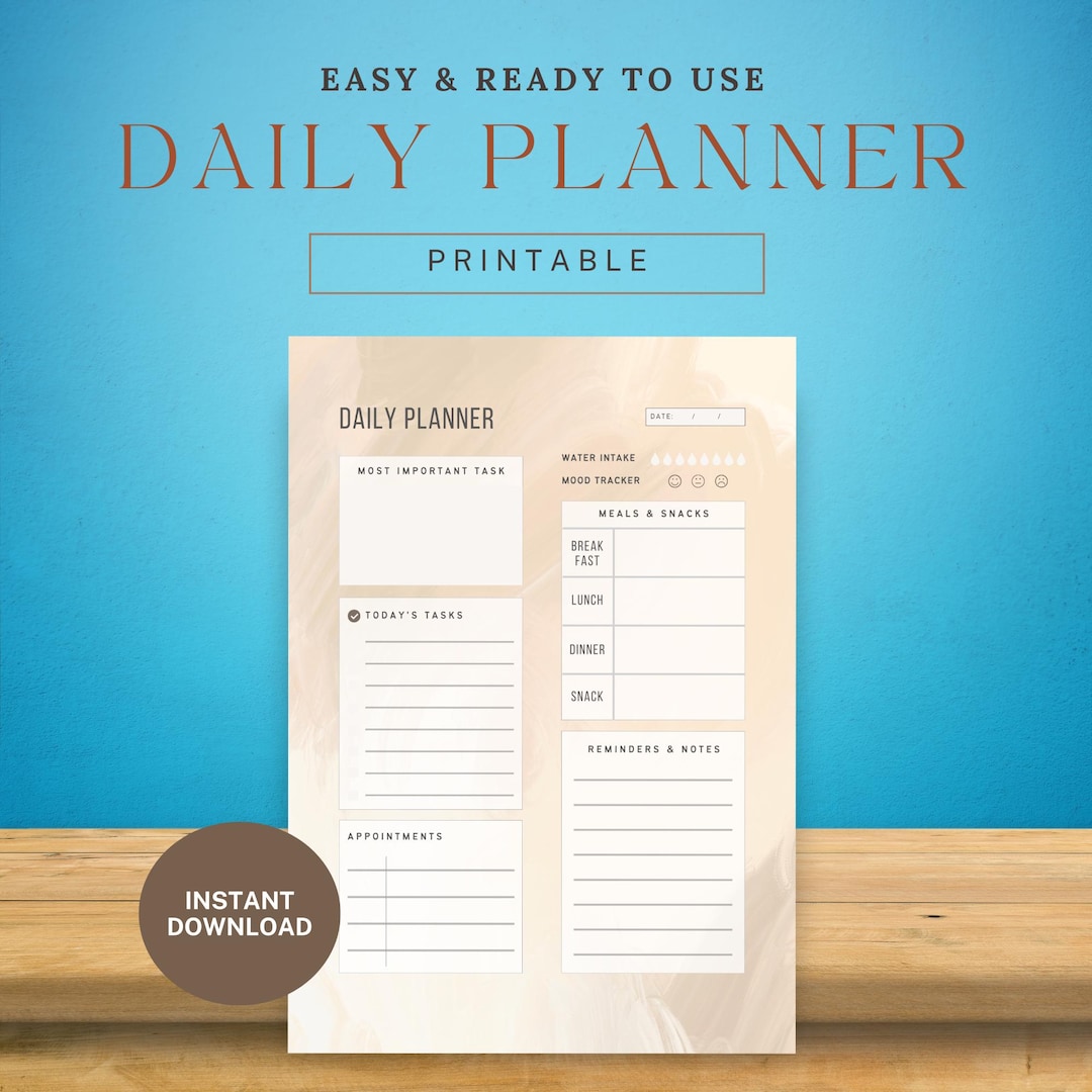 Printable Daily Planner PDF - Track Tasks, Meals, Mood & Water Intake ...
