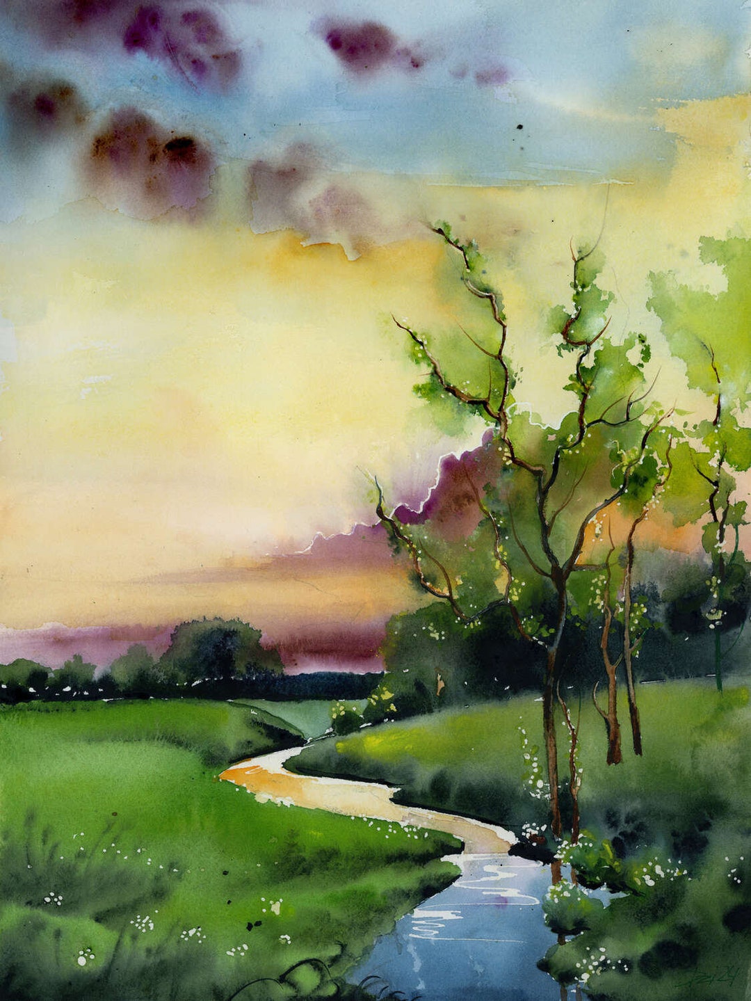 Spring Sunset Watercolor Print From Original Watercolor Painting by ...