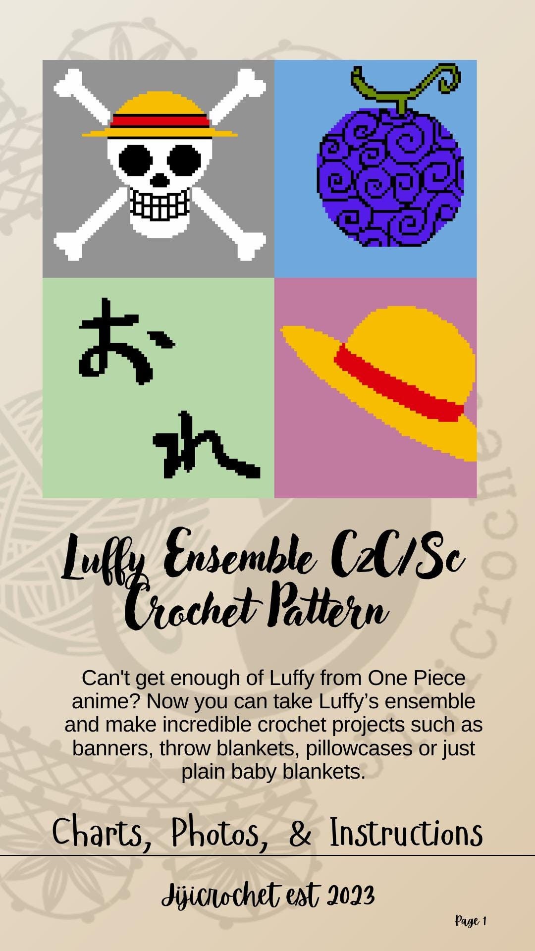 One Piece Luffy Collage Blanket C2C and SC Pattern in Pdf File Complete ...