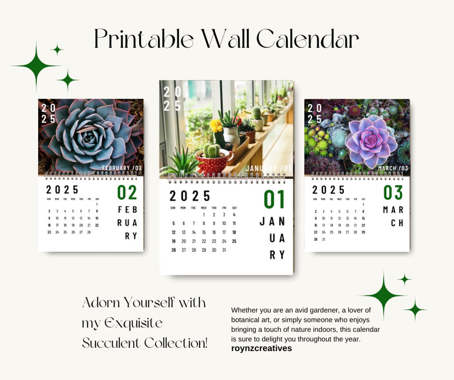 2025 Printable Minimal Personal Wall Calendar Cactus & Succulents ...