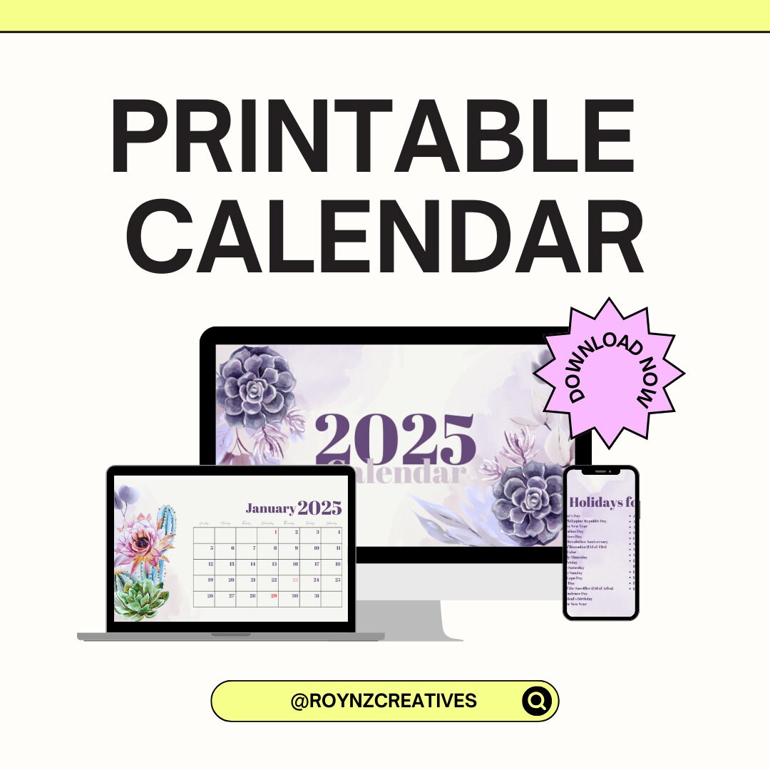 2025 Printable Calendar Purple Theme Succulent Design - Etsy