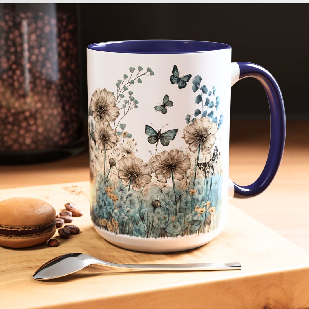Pressed Flowers Mug Blue Flower Print Butterfly Boho Wildflower Mug ...