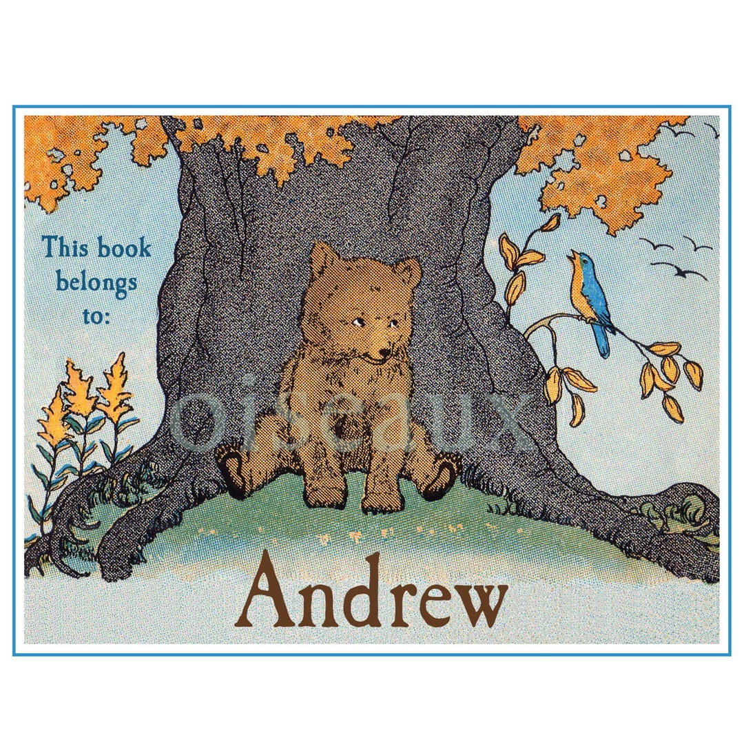 Bear & Bird Personalized Bookplates - Vintage Book Label, Baby Shower ...