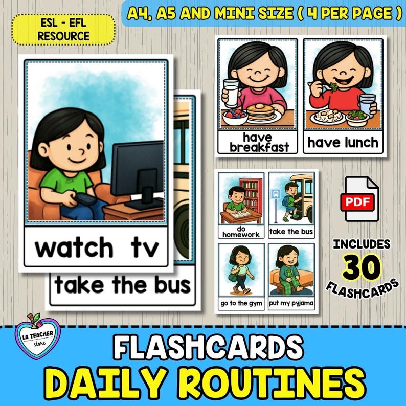 Daily Routines Flashcards – 3 Sizes (A4, A5, Mini) – ESL Vocabulary for ...