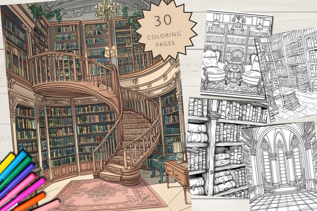 Library Coloring Book for Adult and Teenagers Printable Library ...