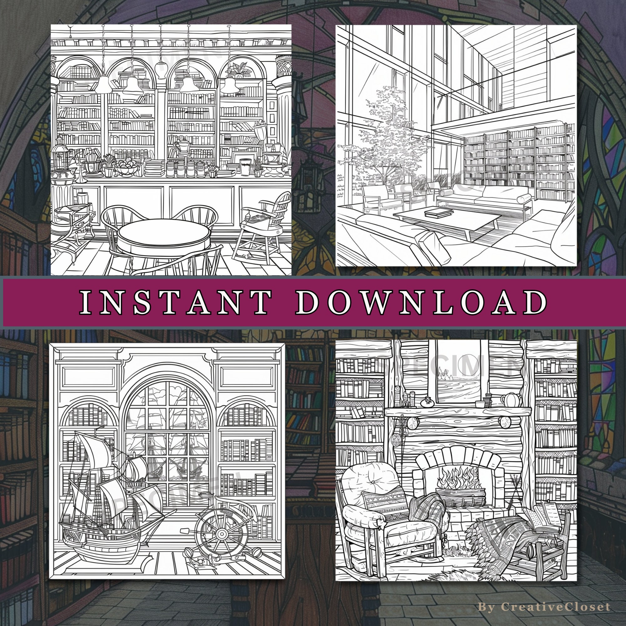 Library Coloring Pages. for Adults and Teens. Instant Download PDF ...