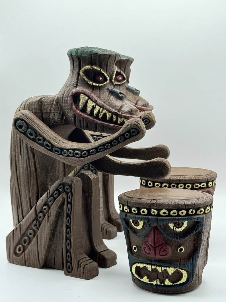 10" Hand-painted 3d-printed With Real Wood, Tiki Drummer & Drum Based ...