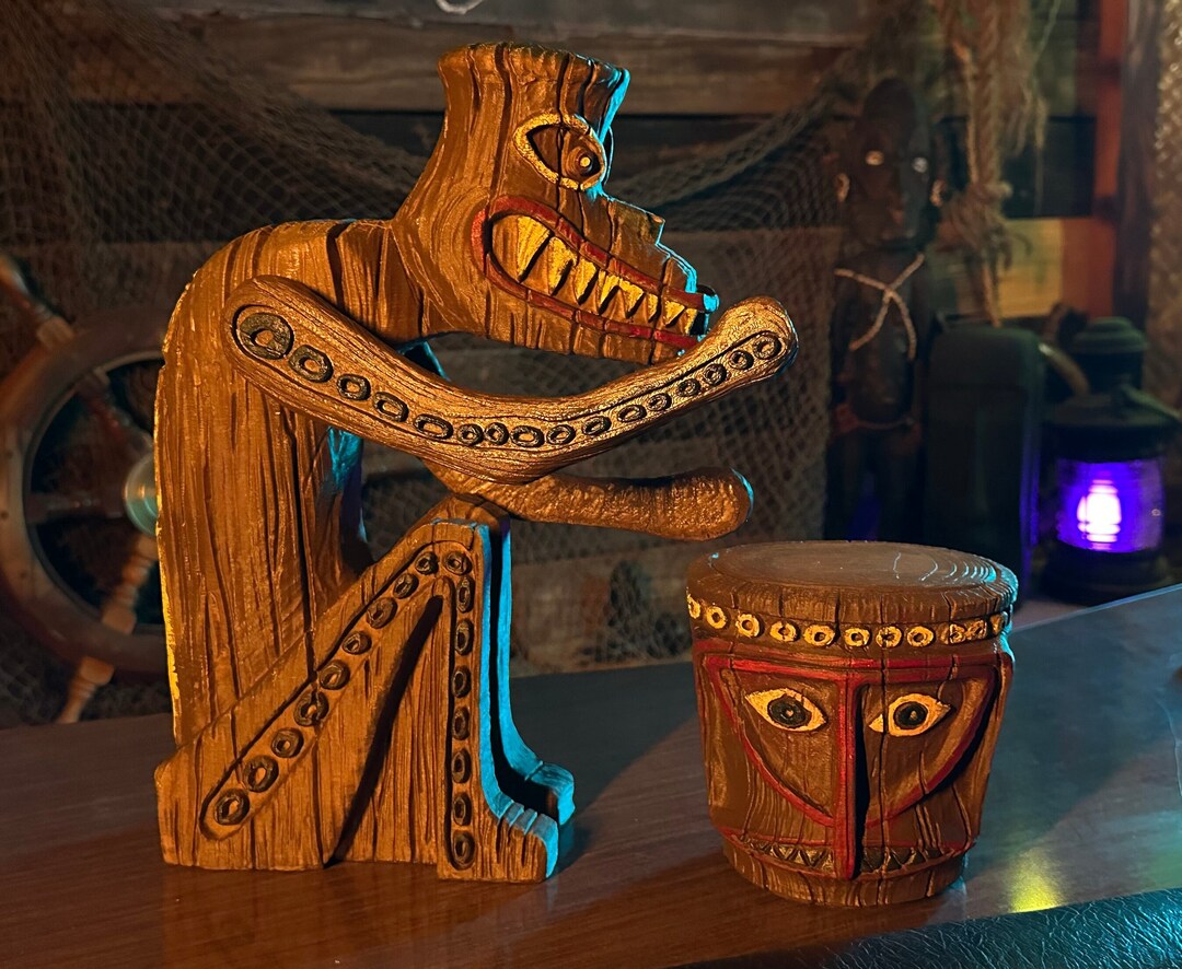 14” Handpainted 3D Printed With Real Wood, Tiki Drummer & Drum Based on ...