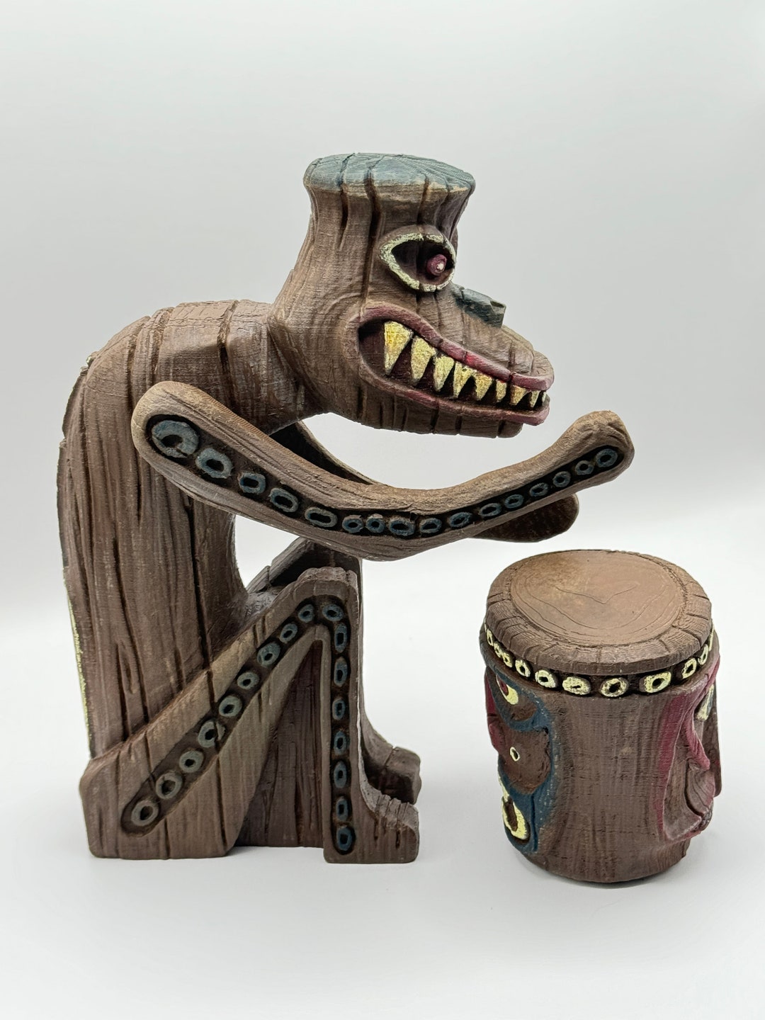 10" Hand-painted 3d-printed With Real Wood, Tiki Drummer & Drum Based ...