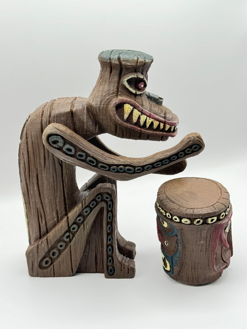 10" Hand-painted 3d-printed With Real Wood, Tiki Drummer & Drum Based ...