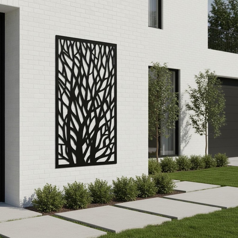Elegant Tree Branch Garden Privacy Screen, Metal Outdoor Wall Art ...