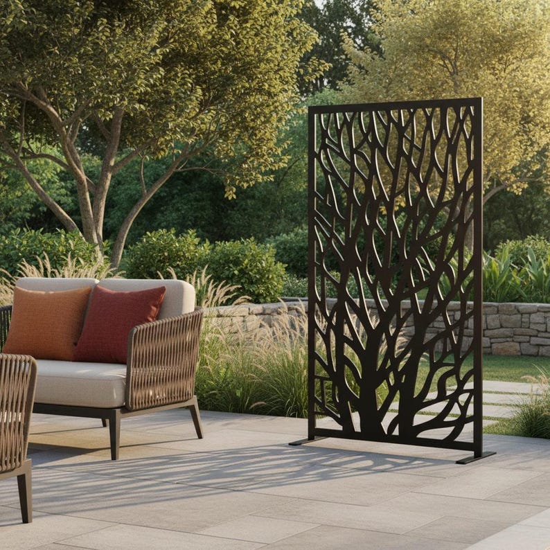 Elegant Tree Branch Garden Privacy Screen, Metal Outdoor Wall Art ...