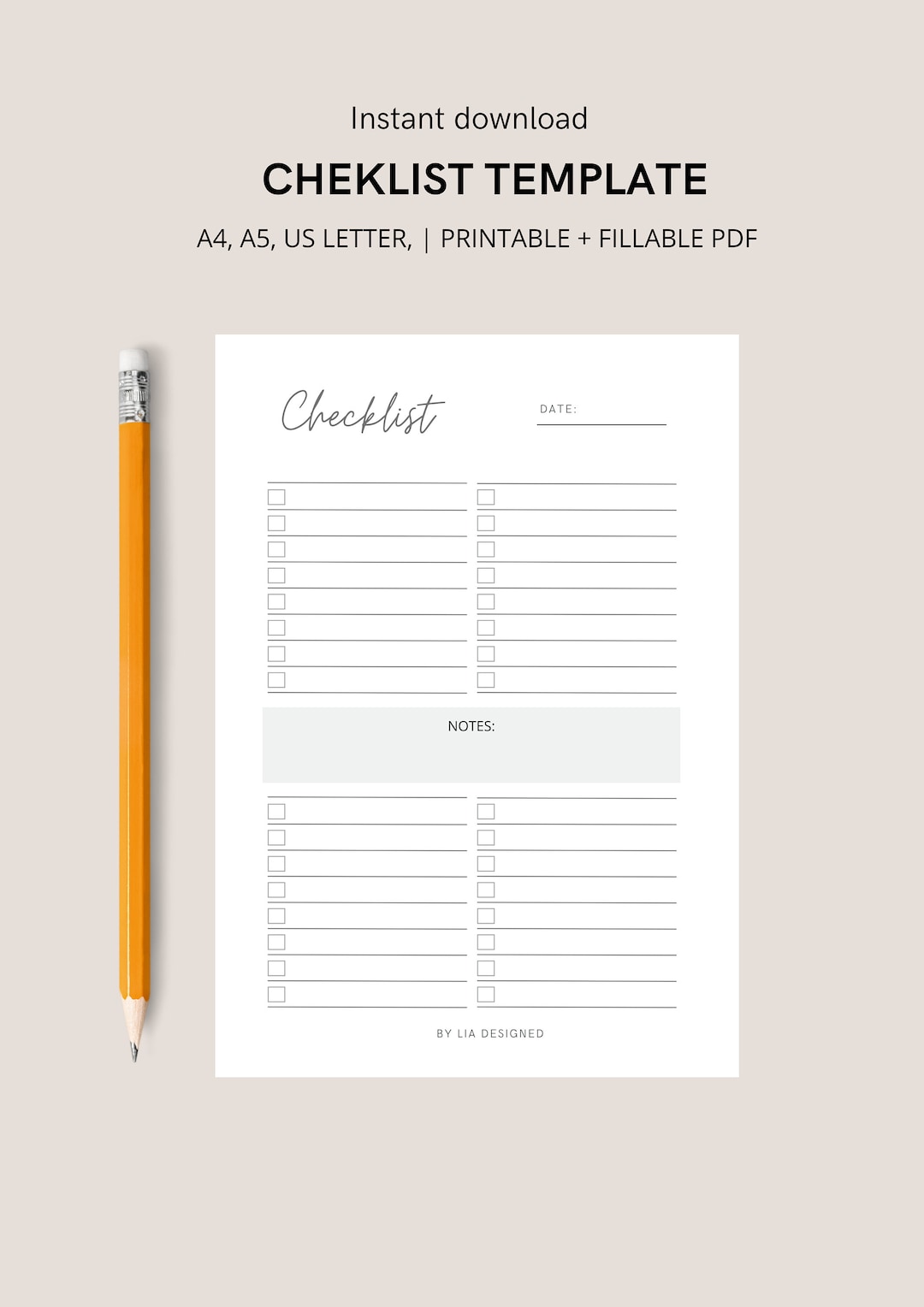 Checklist/notes Template Printable & Fillable, Simple Checklist ...