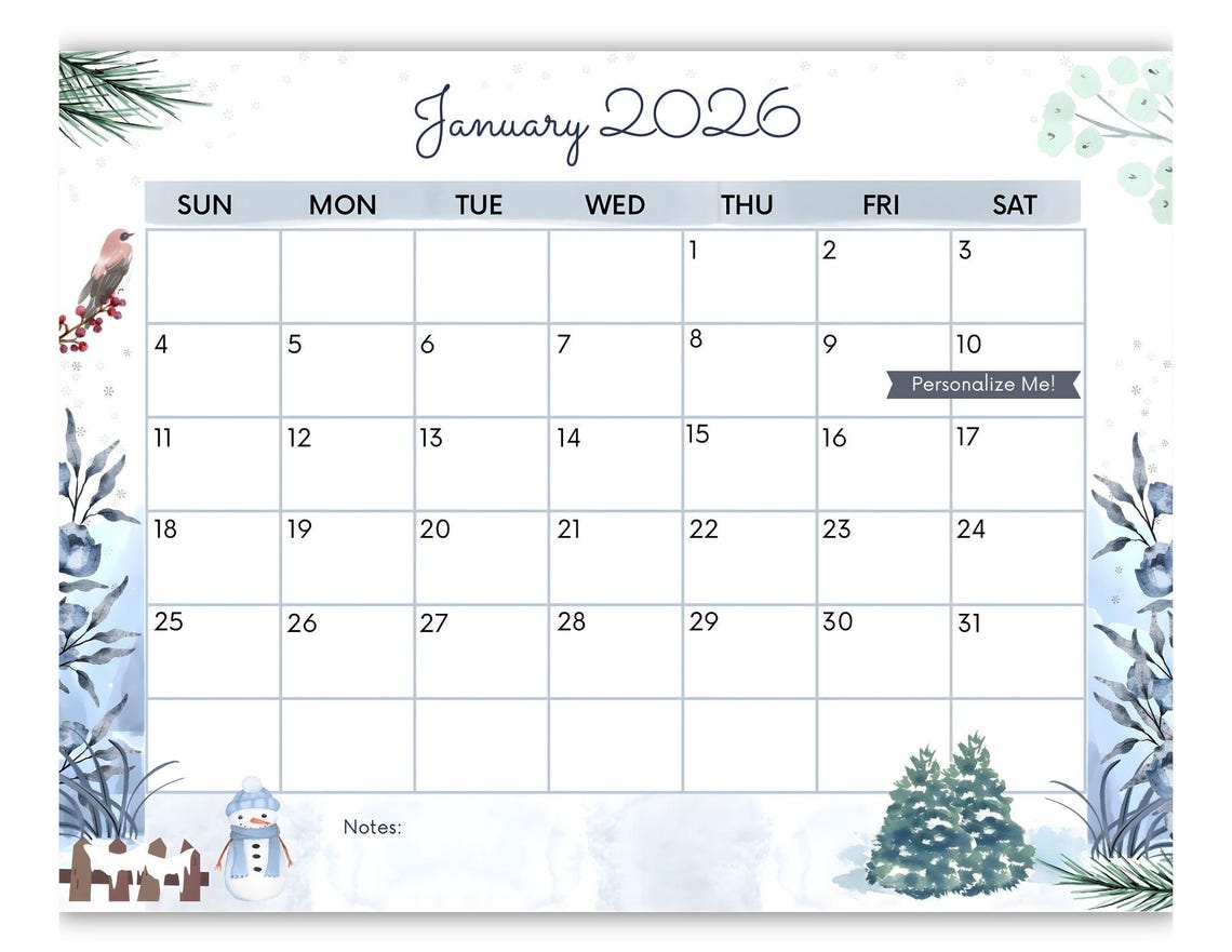 EDITABLE CALENDAR 2026 With Room for Notes, Printable Calendar Template ...