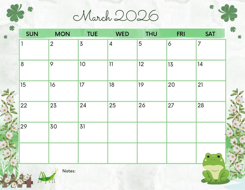EDITABLE CALENDAR 2026 With Room for Notes, March 2026 Calendar ...