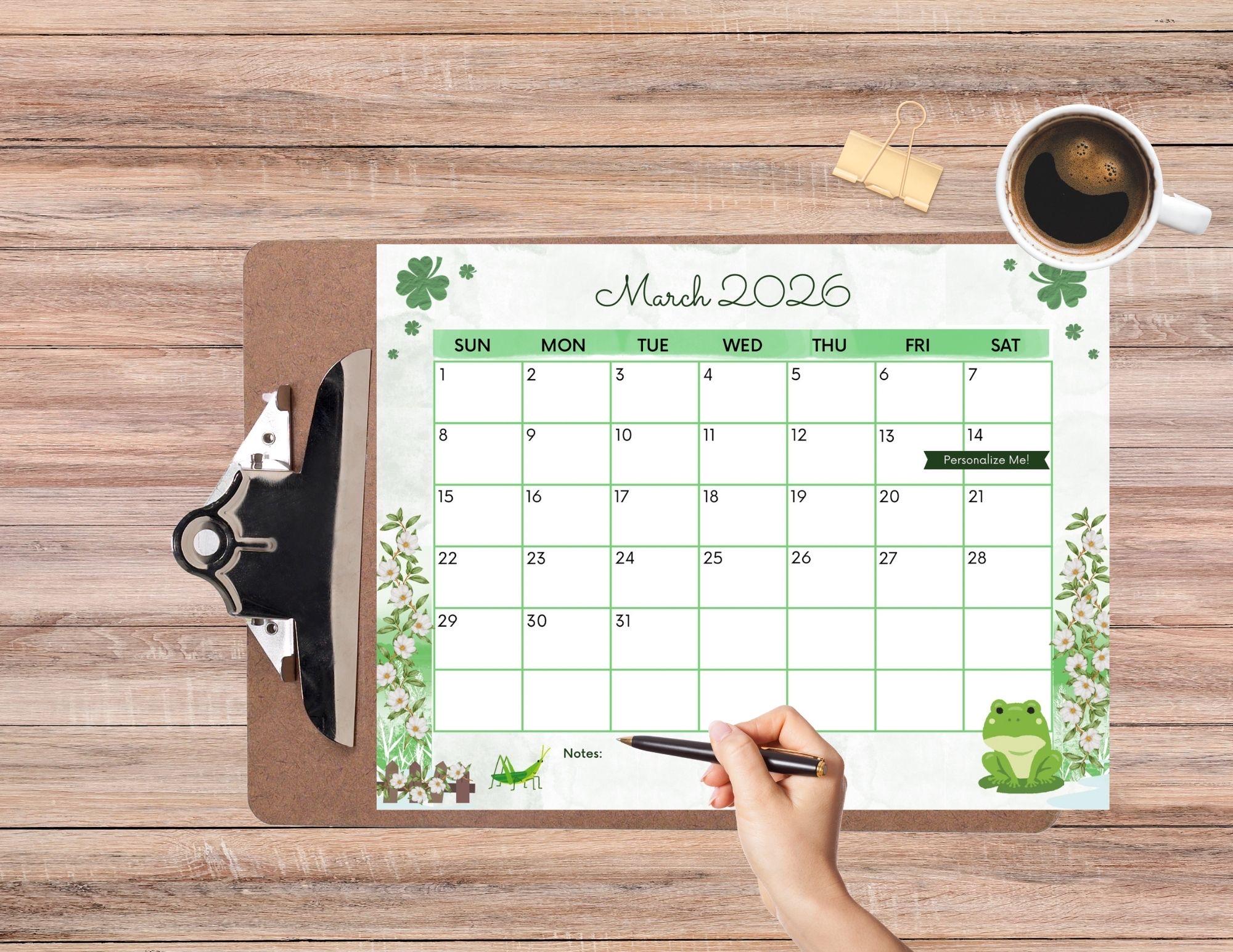 EDITABLE CALENDAR 2026 With Room for Notes, March 2026 Calendar ...