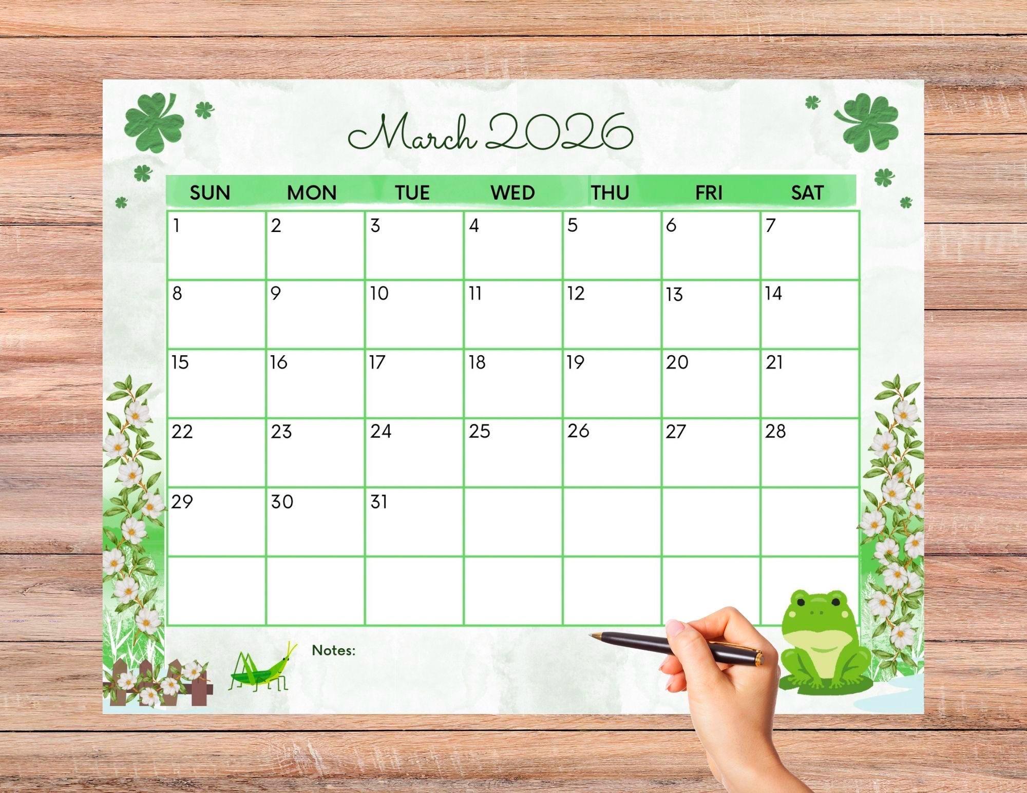 EDITABLE CALENDAR 2026 With Room for Notes, March 2026 Calendar ...