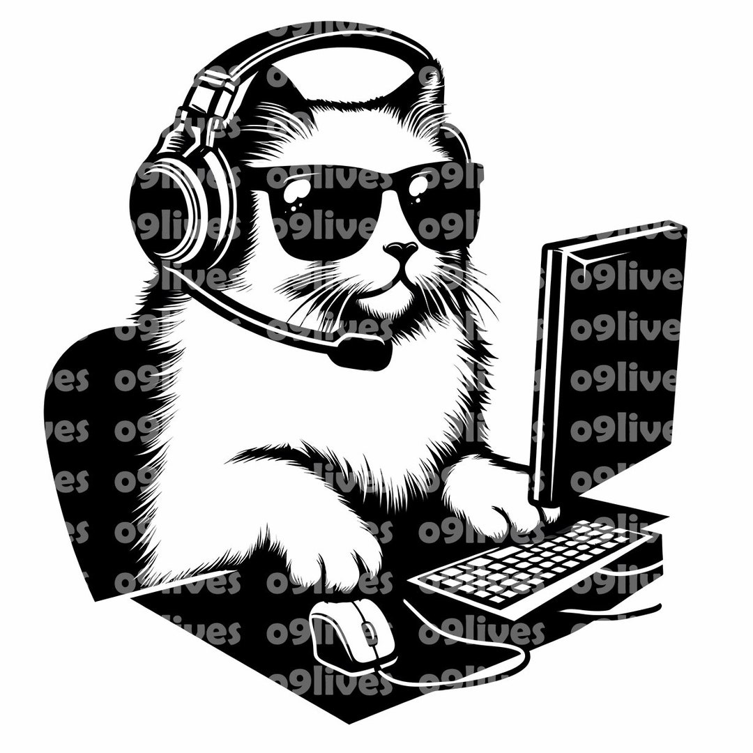 Gamer Cat Gaming Cat Playing on PC Clipart Sublimation Large ...