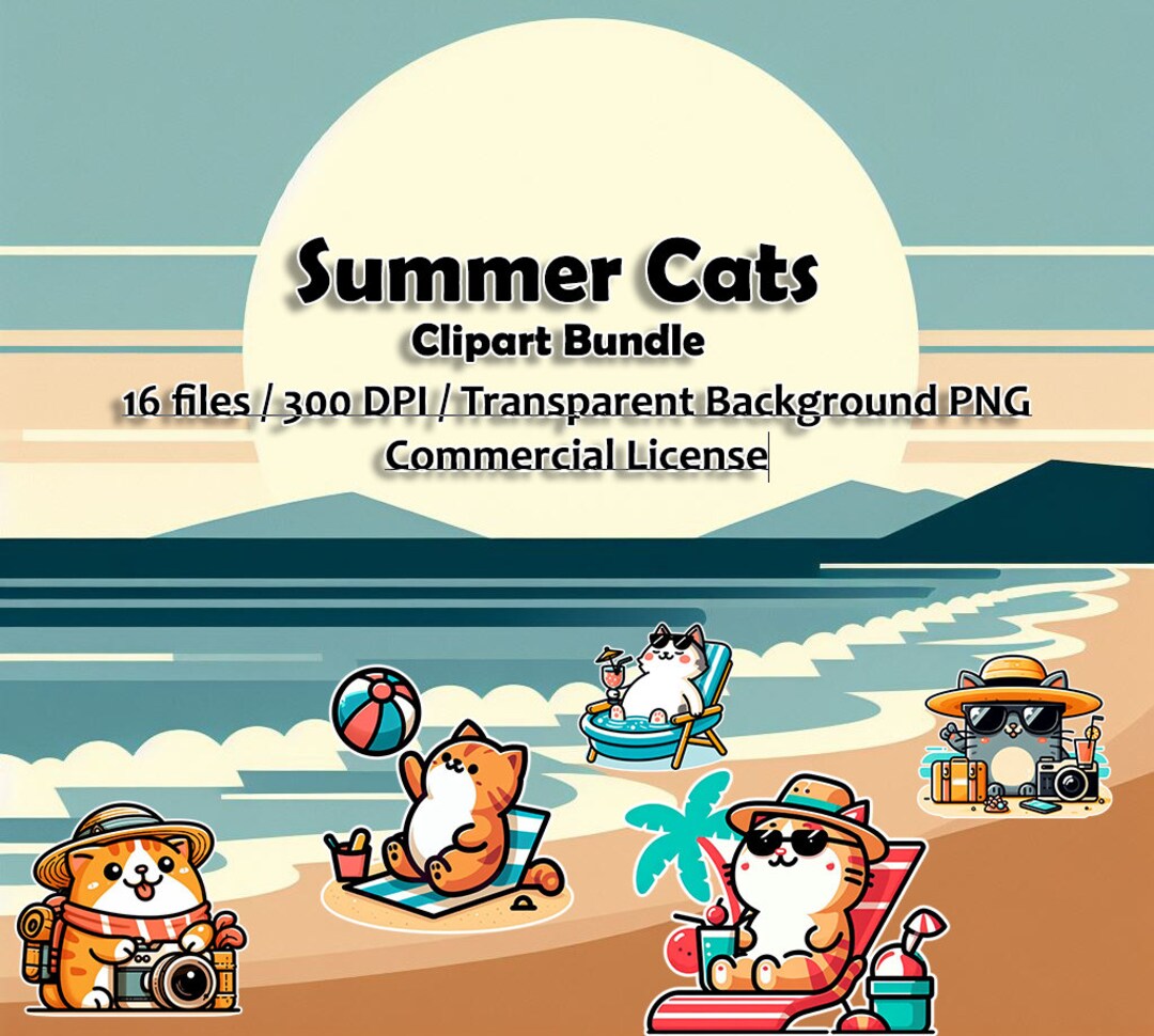 Summer Time Cats Clipart Beach Cat Vacation Travel Cat Pool Party Cat ...