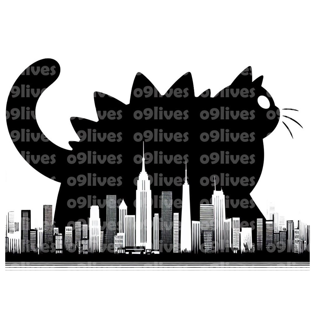 Funny Cat Meme Catzilla Godzilla Giant Cat Silhouette City Skyline ...