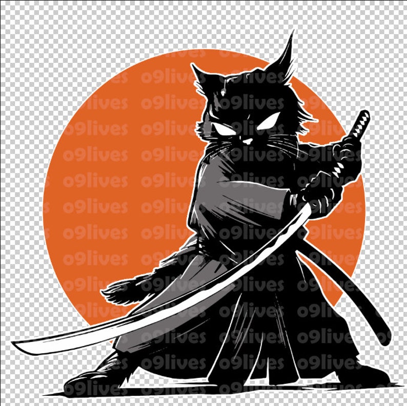 Ronin Cat Samurai Shinobi Cat Katana Sword Manga Cat Vector Clipart ...