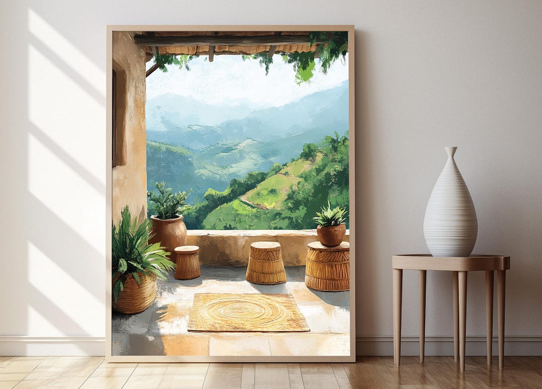 Rwandan Rooftop Patio Art Print, Agaseke Basket Decor Poster, Wooden ...
