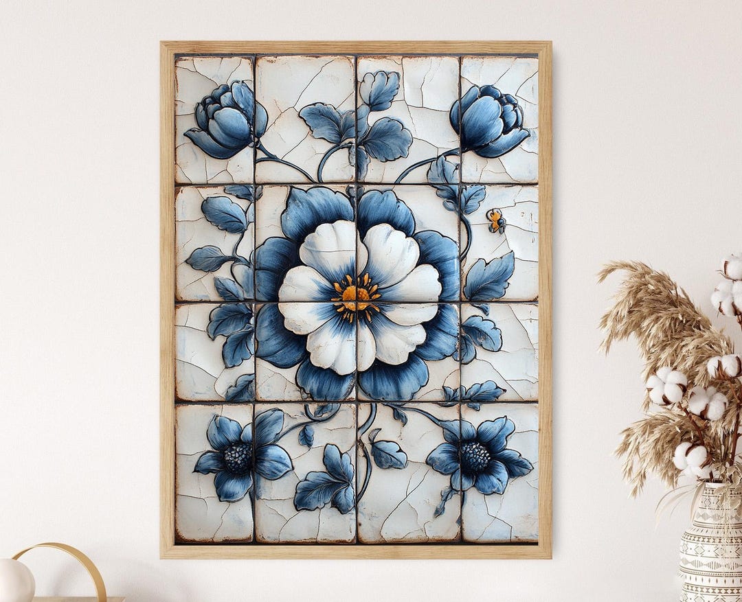 Delftware Floral Tile Art, Traditional Blue and White Pattern Print - Etsy