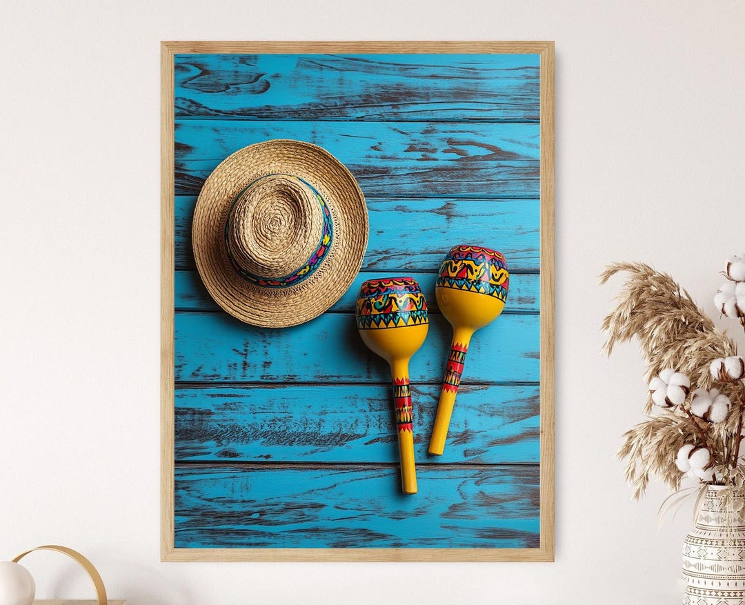 Mexican Maracas and Sombrero Art Print, Fiesta Wall Decor, Mexican ...