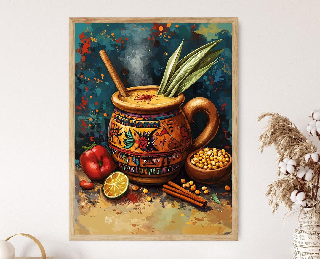 Mexican Atole Art Print, Clay Bowl With Mayan Motifs and Corn, Mexican ...