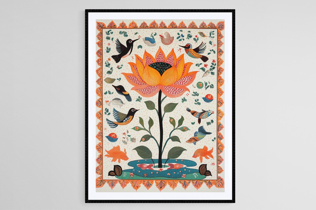 Mithila Lotus Flower Art Print, Nature Harmony Indian Folk Art - Etsy