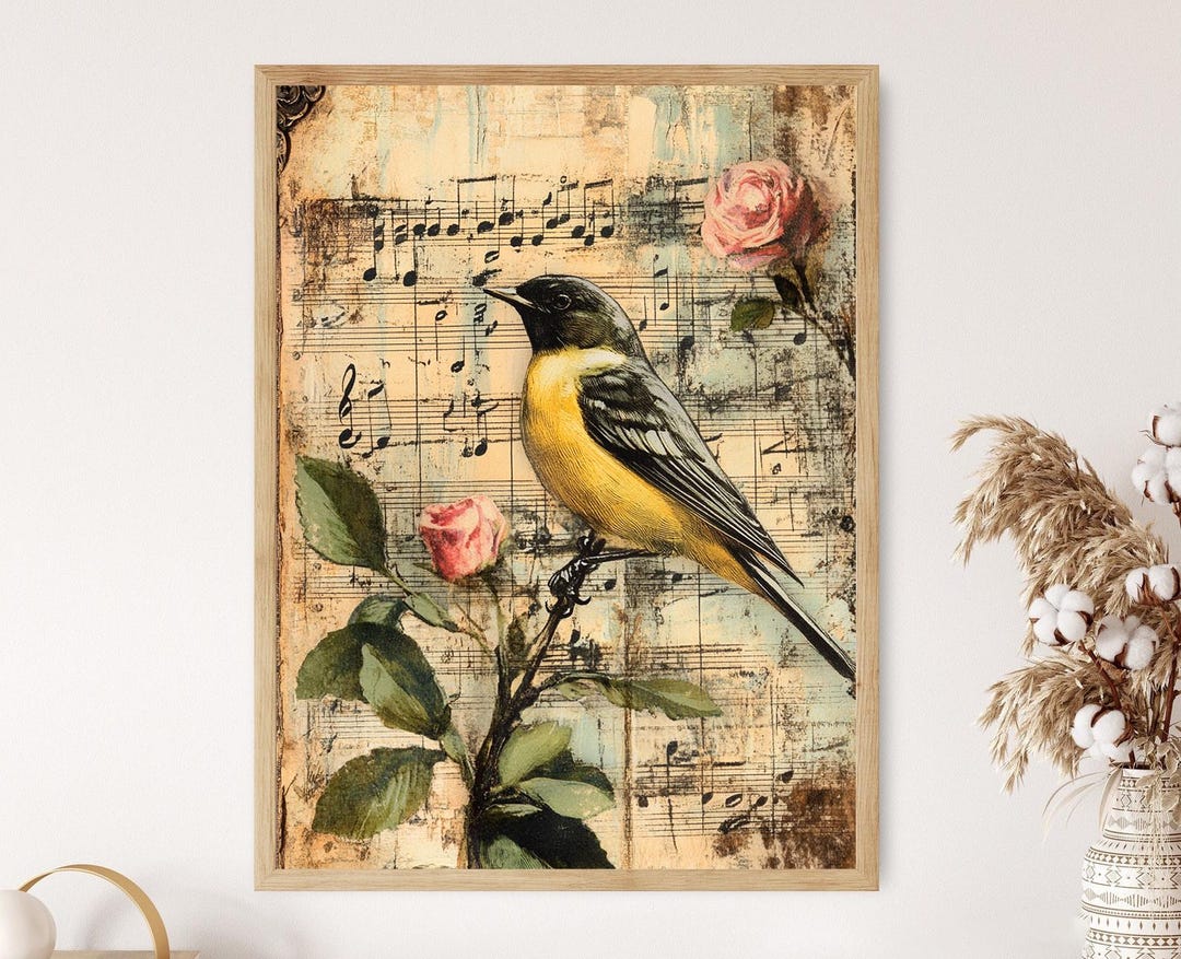 Vintage Bird and Music Art Print, Botanical Rose and Musical Notes - Etsy