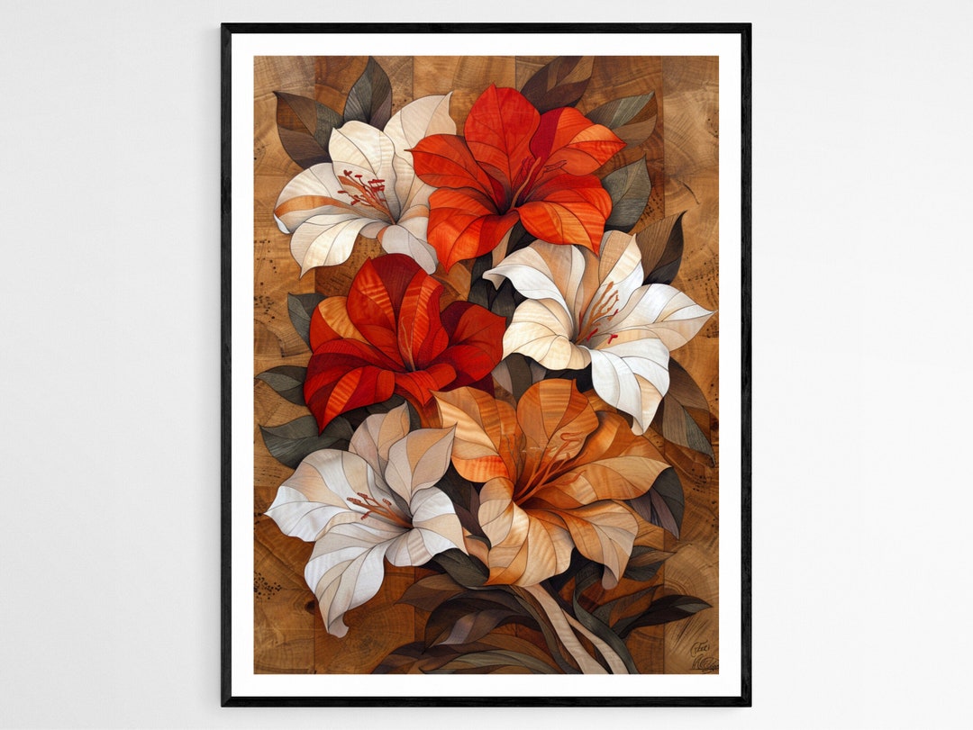 Exquisite Marquetry Flower Art Print, Detailed Illustration Home ...