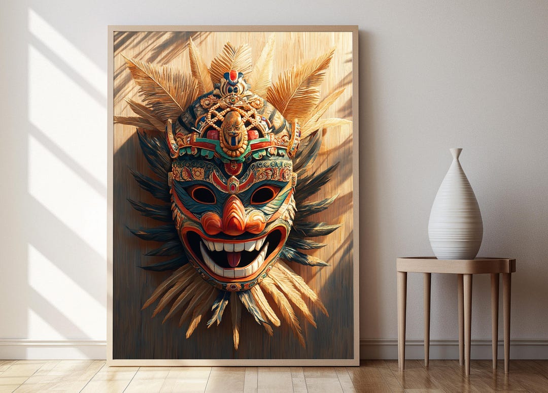 Indonesian Topeng Mask Art Print, Hand-carved Artifact Poster, Vibrant ...