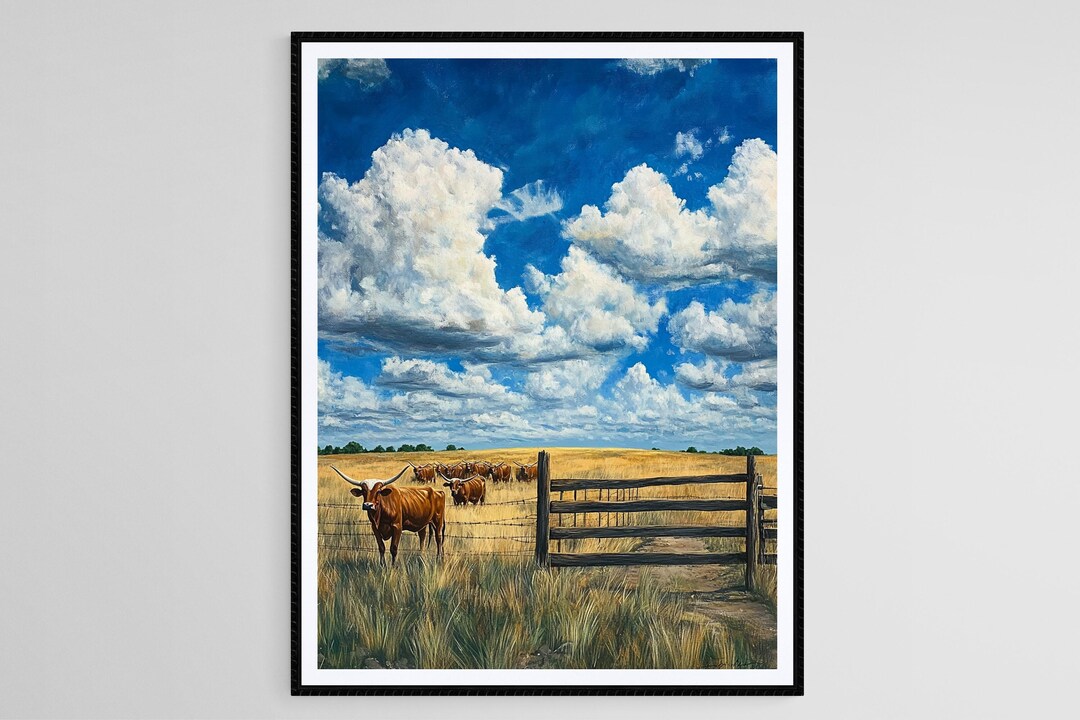 Texas Longhorn Ranch Art Print, Cattle Herd and Open Sky - Etsy