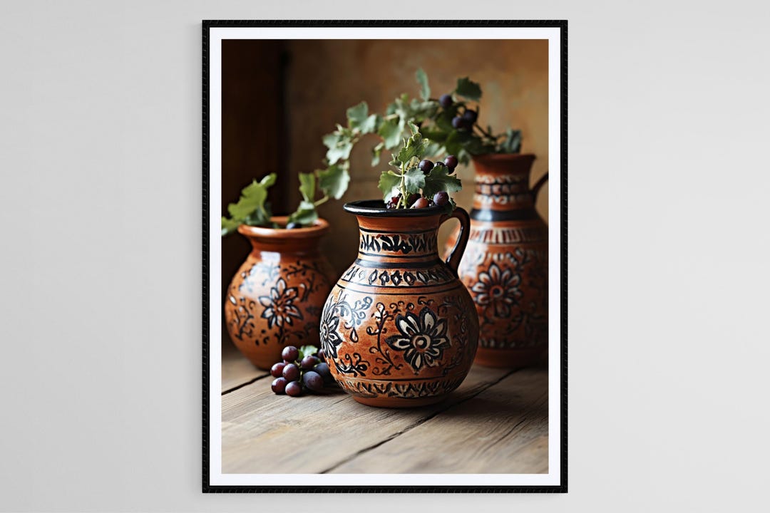 Traditional Cypriot Pottery Art Print, Olive Branch and Grapes Design ...