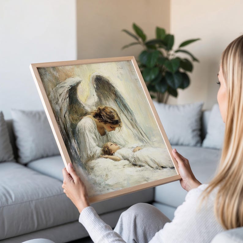 Guardian Angel Watching Over Child Art Print, Gentle Protection ...