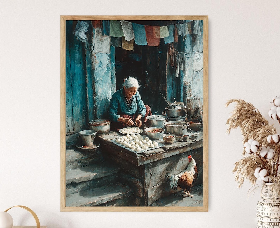 Nepali Momo Table Painting, Grandma Folding Dumplings Poster, Hill ...